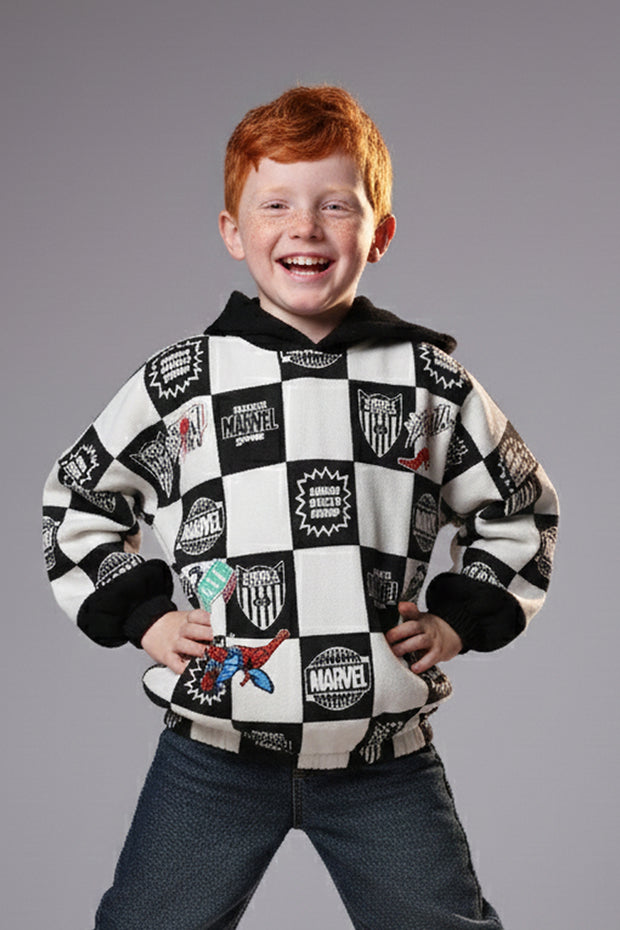Kids Marvel Checkered Hoodie K – Black & White | Official Comics Print ...